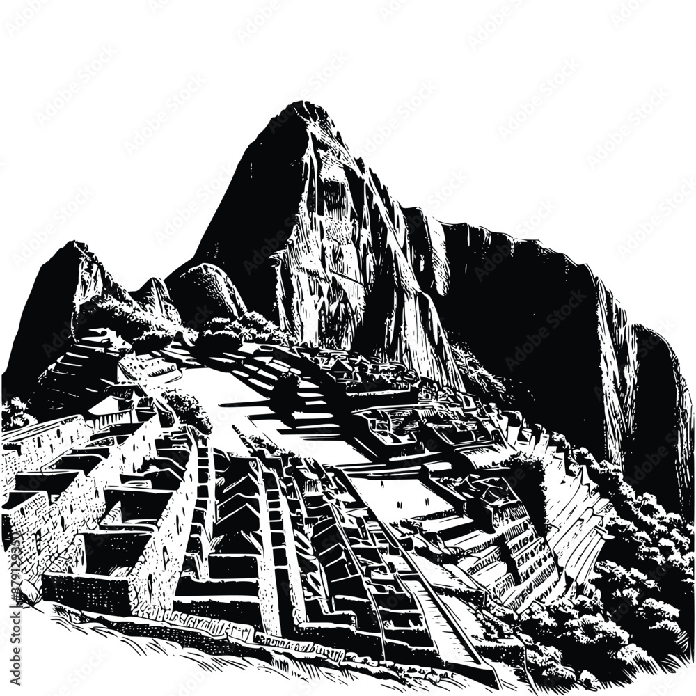 hand drawn Illustration of Machu Picchu. engraving black and white ...