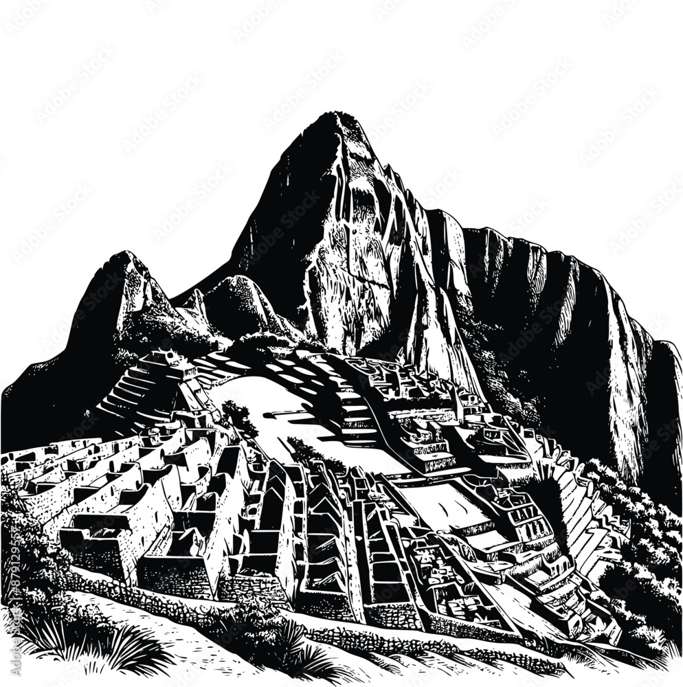 hand drawn Illustration of Machu Picchu. engraving black and white ...