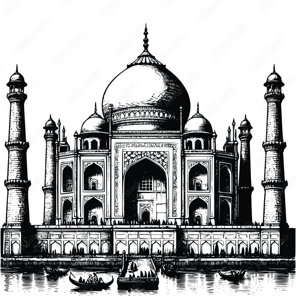 hand drawn Illustration of Taj Mahal. engraving black and white Taj ...