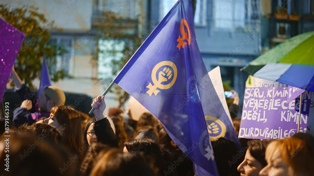 Feminist protester walk night wave flag. 8 march feminism protest ...