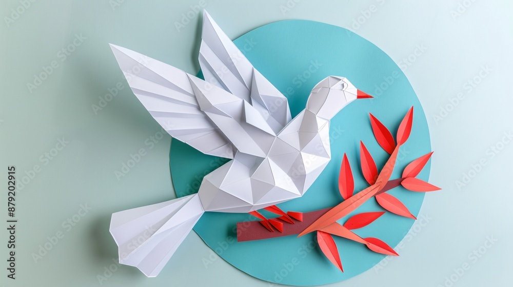 2D paper crafts art featuring a white dove with an olive branch on a ...