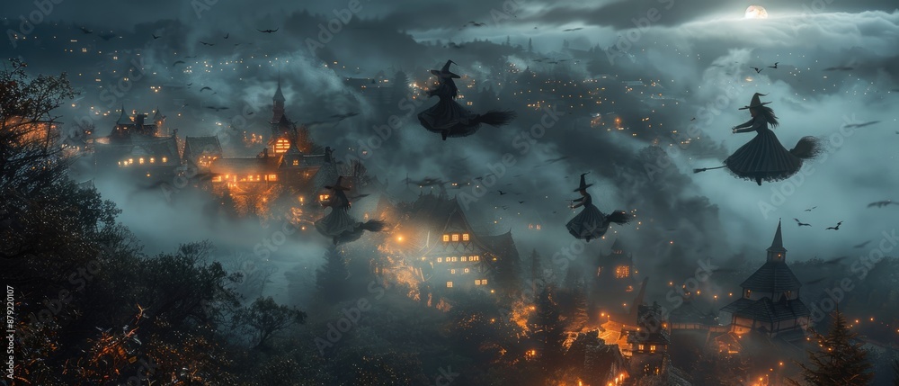 Mystical night scene with witches flying on broomsticks over a foggy ...