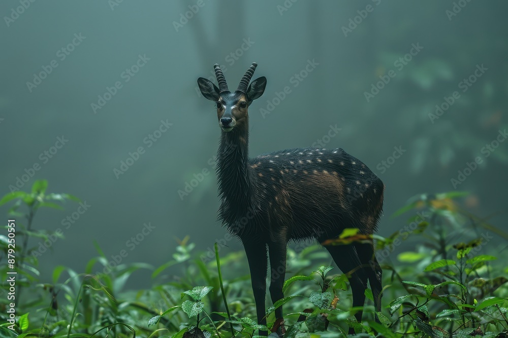 A saola (Asian unicorn) standing in a misty rainforest, its long ...