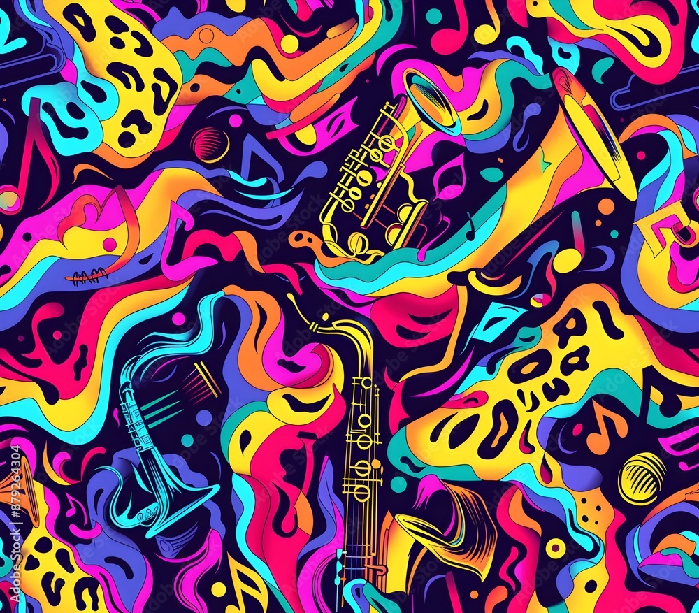 Rainbow Leopard Spots Meet Music Notes and Jazz Instruments in a ...