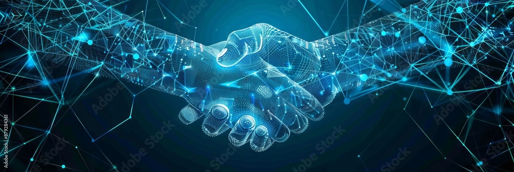 Business partnership concept. Digital handshake on blue technology ...