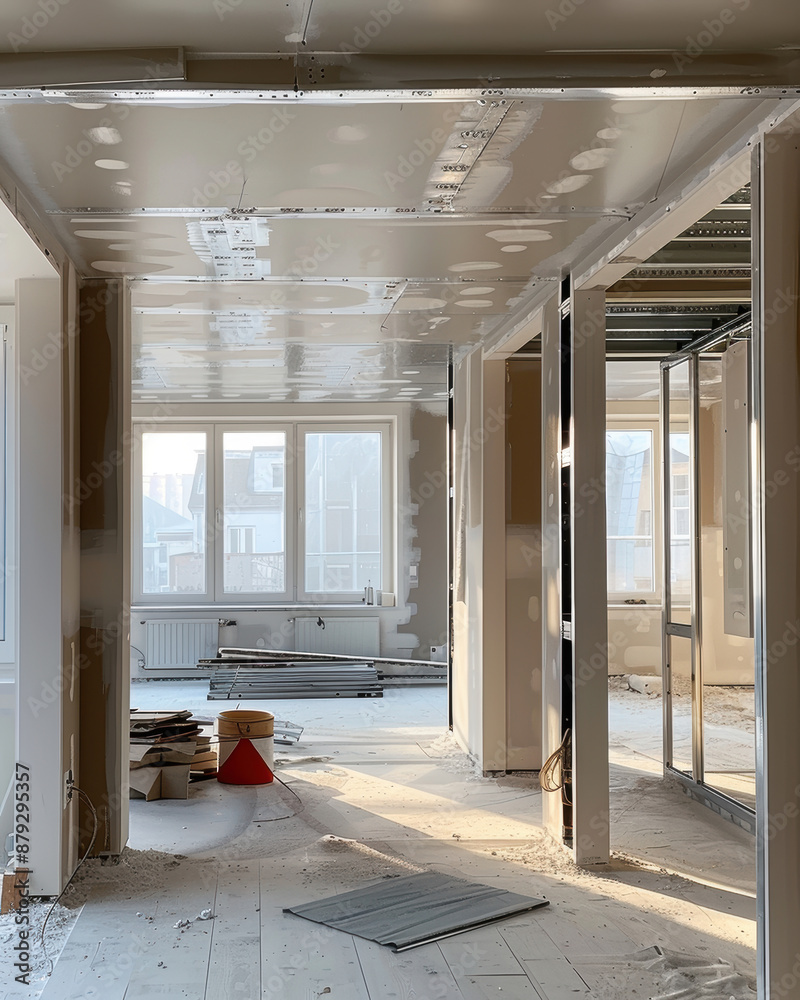 Working process of installing metal frames and plasterboard drywall for ...