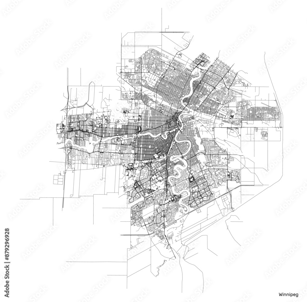 Winnipeg city map with roads and streets, Canada. Vector outline ...