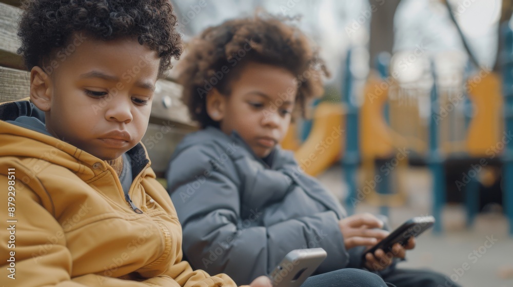 Multiracial children scrolling on their phones on bench an empty ...