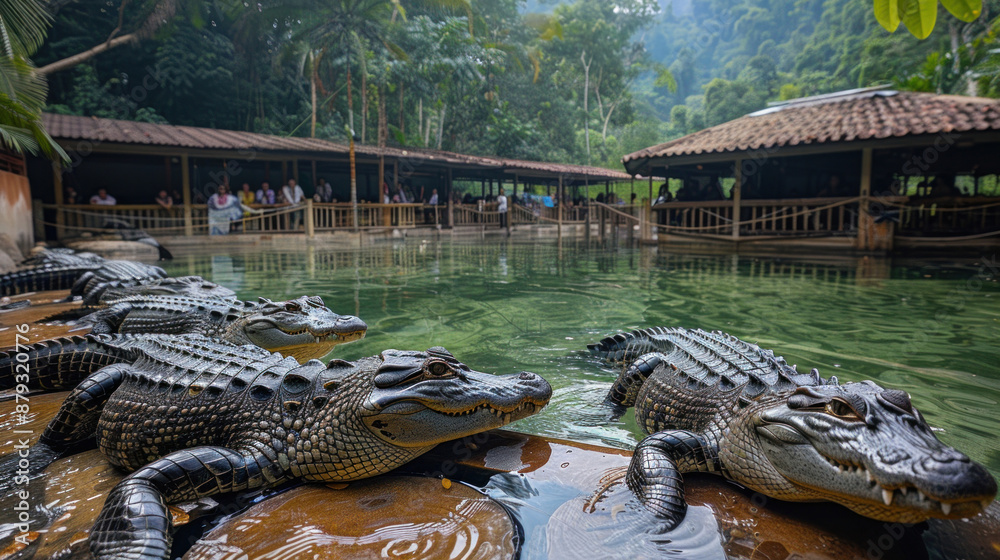 A bustling crocodile farm with large enclosures filled with sunbathing ...
