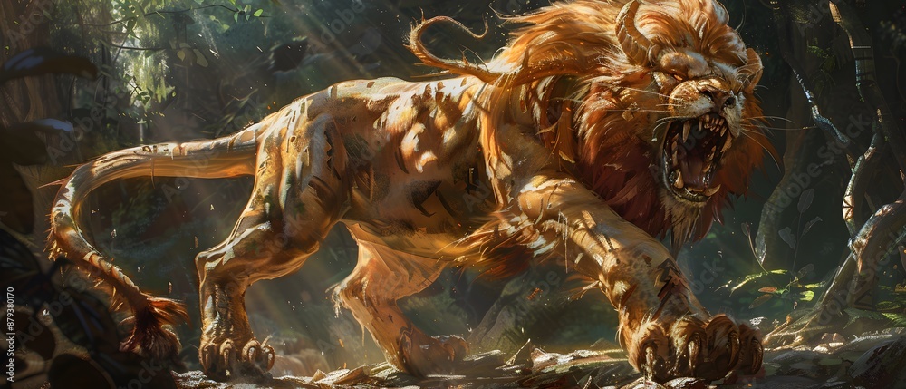 The majestic appearance of the manticore, an imaginary animal with the ...