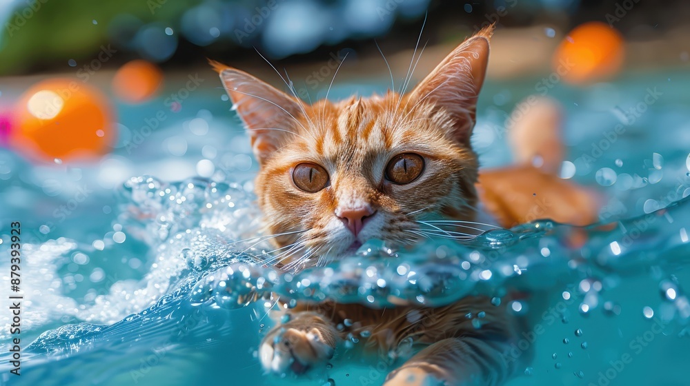An orange cat playfully swims in clear blue water, demonstrating its ...
