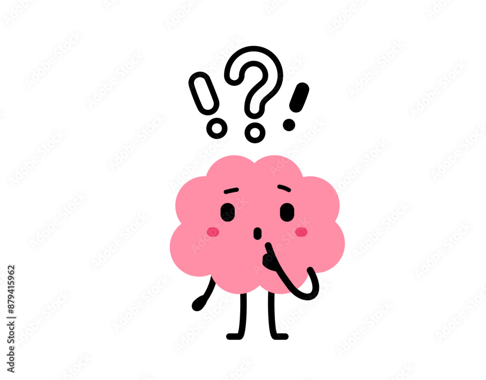 Vector cartoon illustration of cute happy brain character with question ...