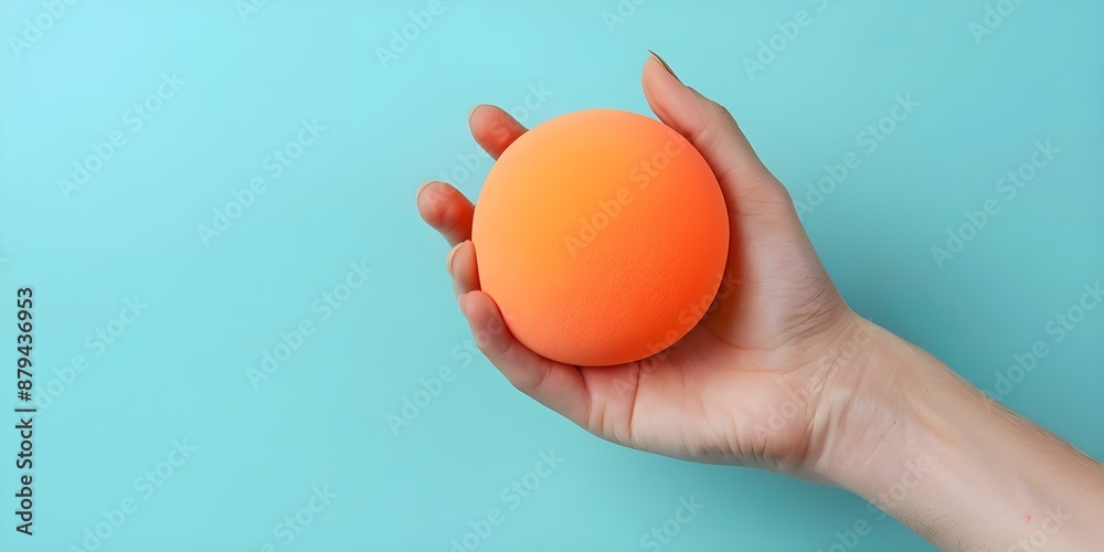 Individual lightly holds orange stress ball in pale blue setting ...