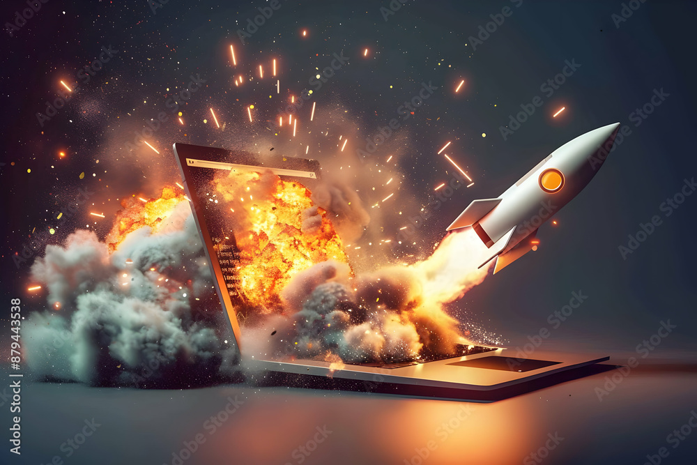 Dramatic concept of a rocket launching from a laptop, symbolizing rapid ...