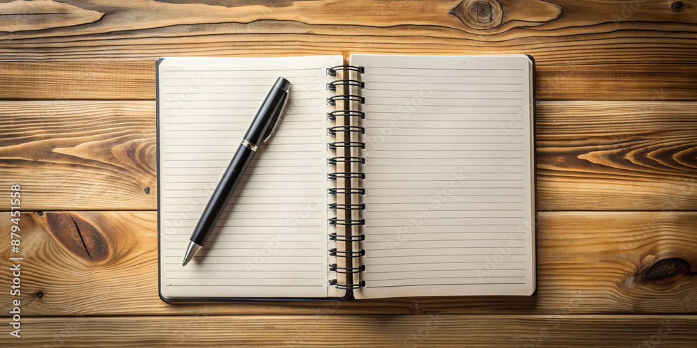 Blank open notebook with crisp white pages and a black pen lying across ...