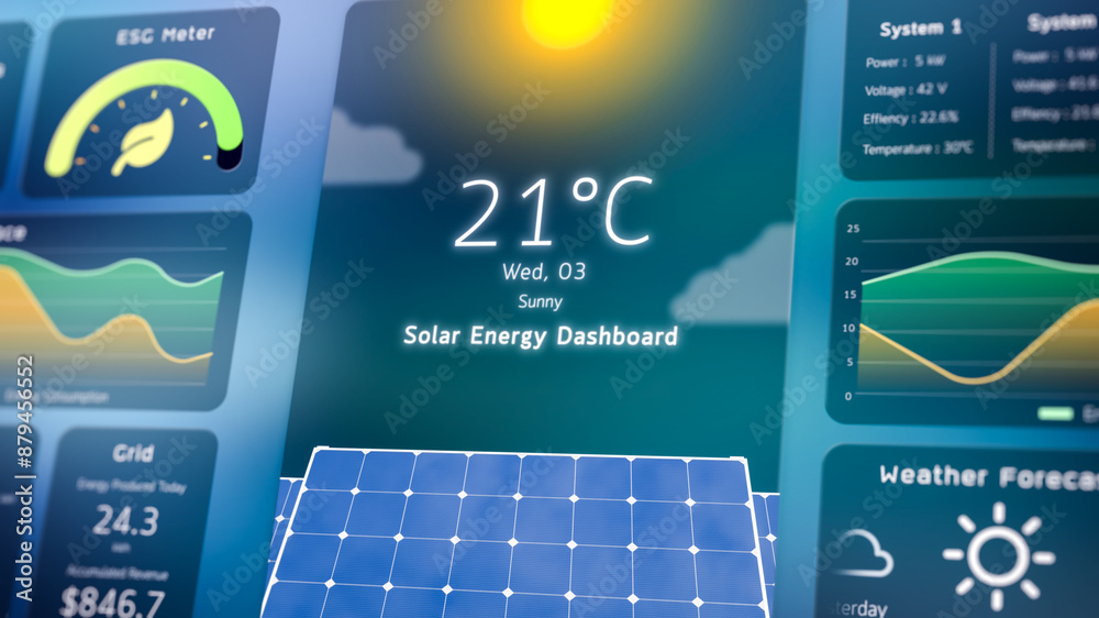 Ilustración de Stock Solar power monitoring system, digital infographic data of green energy ...