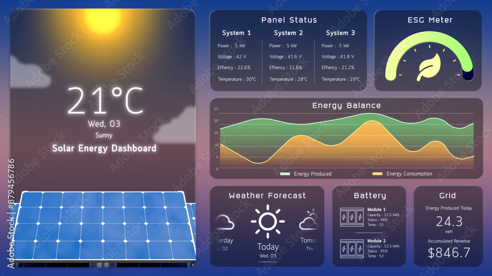 Solar power monitoring system, digital infographic data of green energy ...