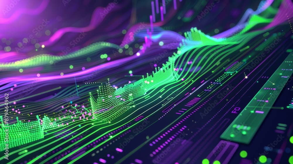 data visualization hi-tech futuristic infographic illustration in neon lime green and purple ...