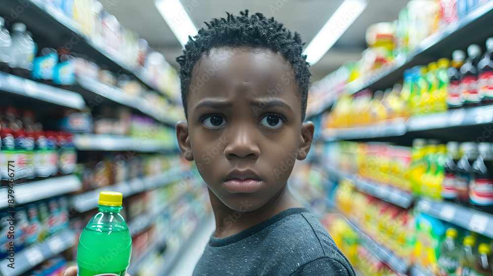 boy lost in the supermarket, his facial expression shows fear and he ...