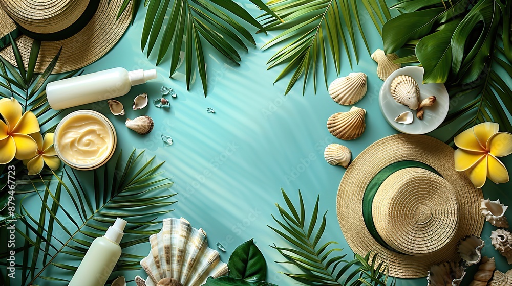 suntan or sunblock lotions packages on yellow background,beach bag ...
