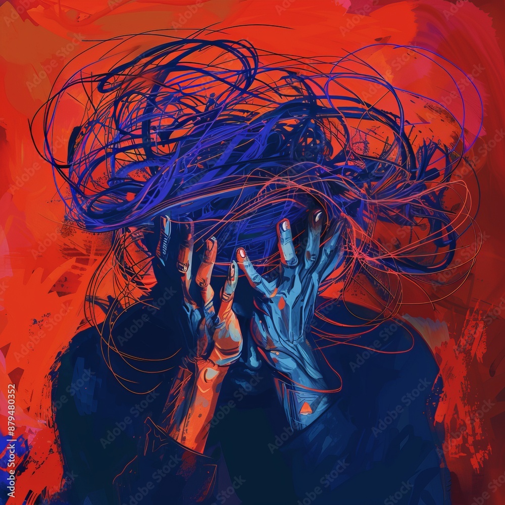 An animated figure depicted with chaotic, tangled lines representing a ...