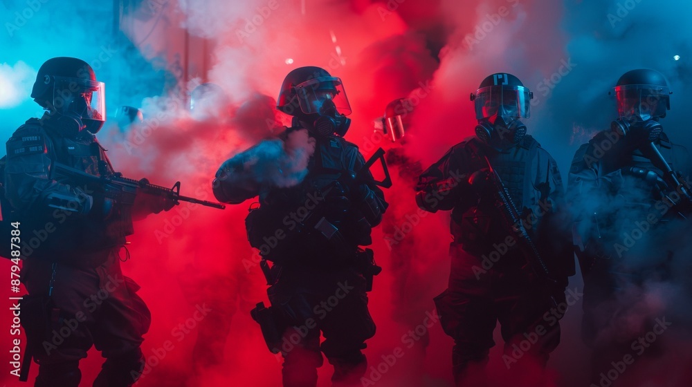 Four tactical police officers in full riot gear stand alert in a smoke ...