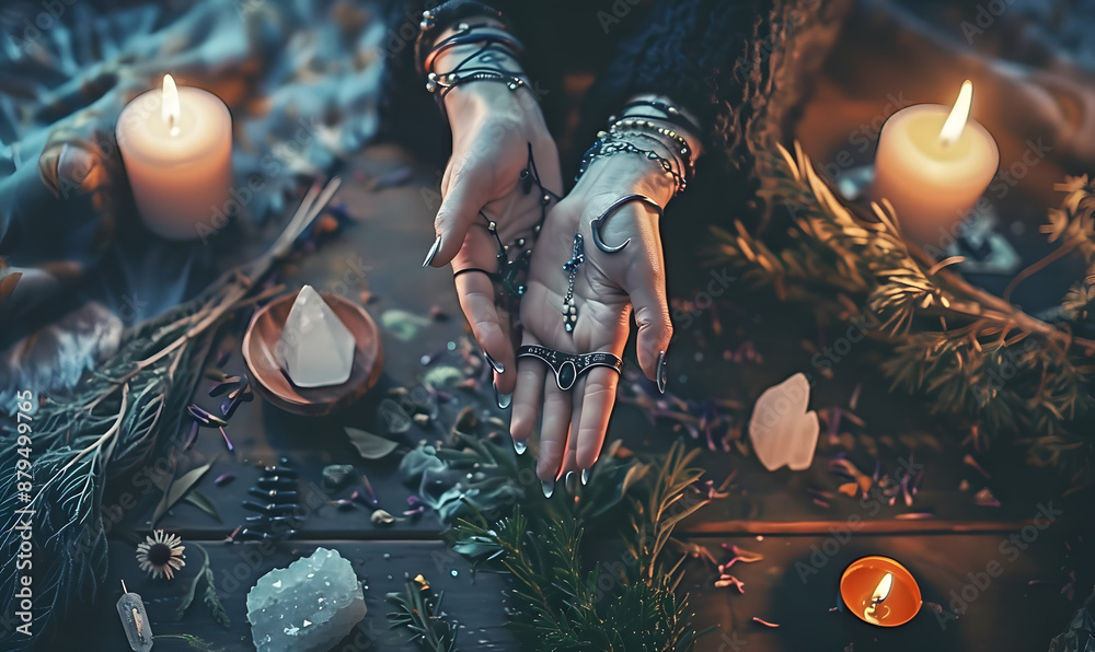 Witches hands on a table ready for spell work. Wiccan witch altar ...