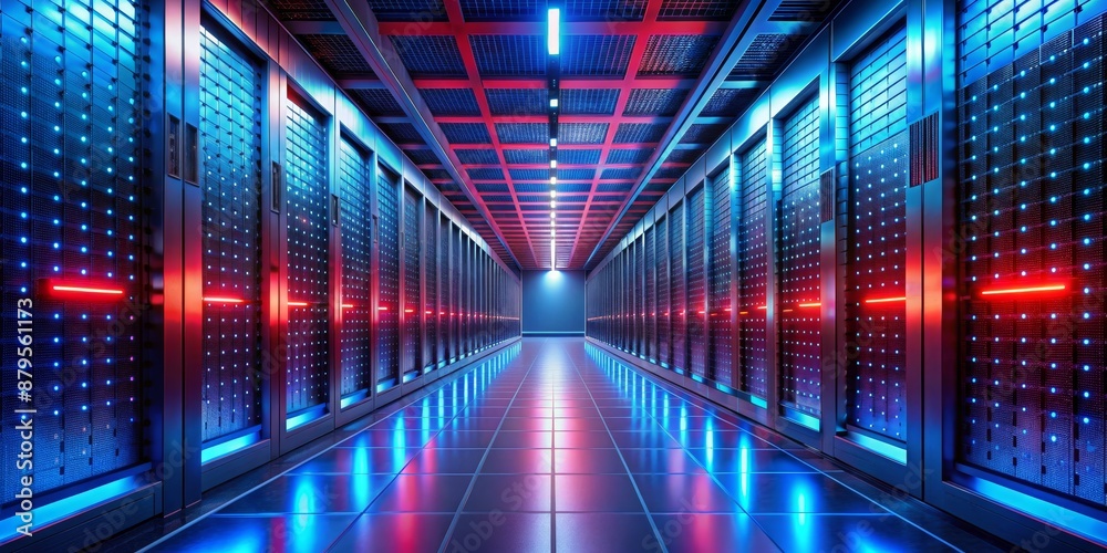 Cyberpunk Server Room Corridor with Red and Blue Neon Lights, 3D ...