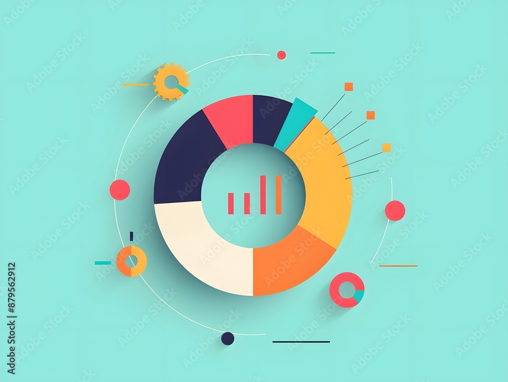 Abstract colorful pie chart with a bar graph, geometric shapes, and lines. Suitable for business ...