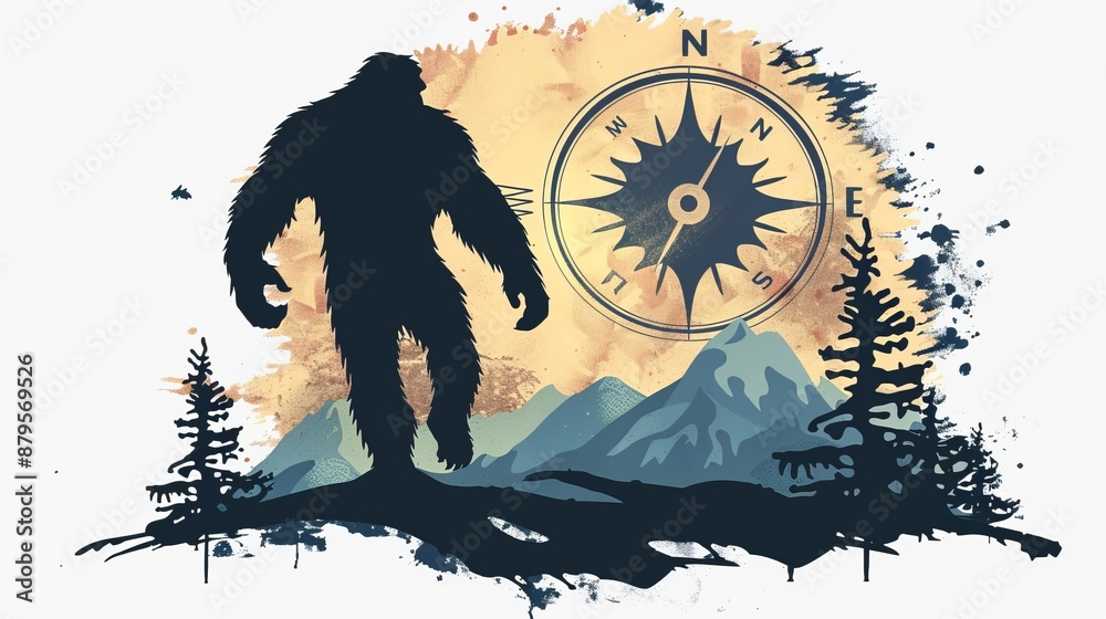 An image showing Bigfoot walking in the wilderness with mountains and a ...