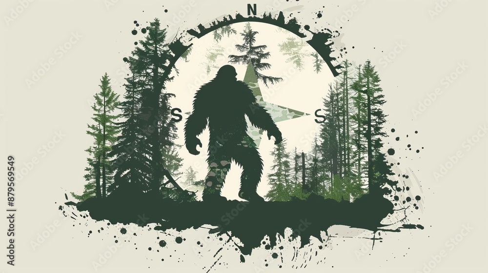 Image features a Bigfoot silhouette standing amidst tall trees with a ...