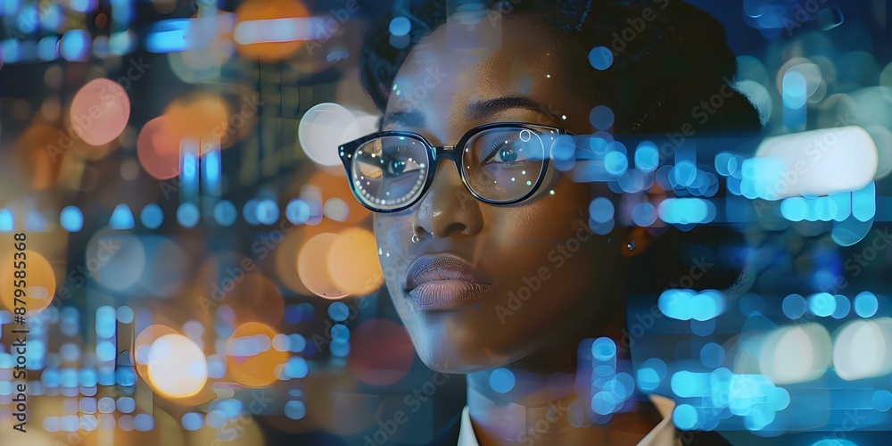 Black female IT specialist analyzing data with AR and AI technology ...