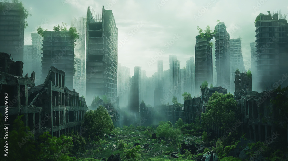 Atmospheric post-apocalyptic cityscape with overgrown ruins and ...