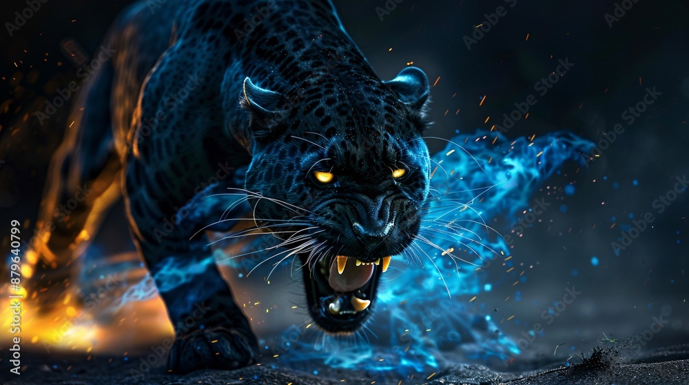A fierce black panther enveloped in flames and blue smoke charges ...