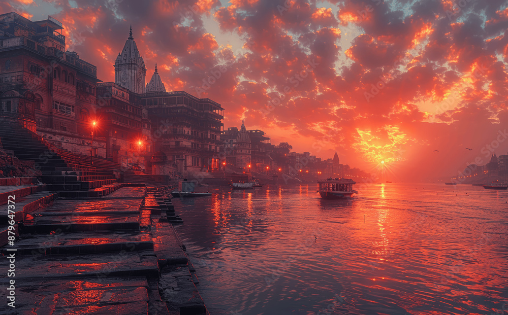 Varanasi Ghat and Boat on Ganges River at Sunset with Ancient Cityscape ...