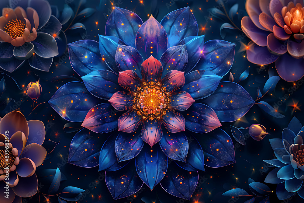 Hand-drawn cosmic motifs in the form of a mandala, using bright colors ...