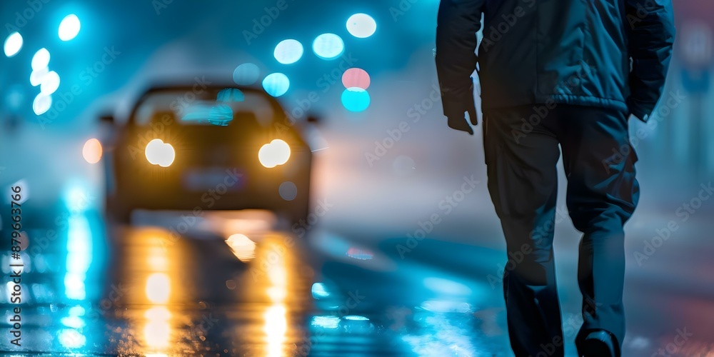 Police officer conducting a night patrol behind a parked car. Concept ...