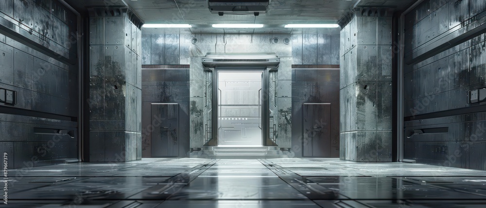 Draft of urban facade, front view, showcasing room design, scifi tone ...