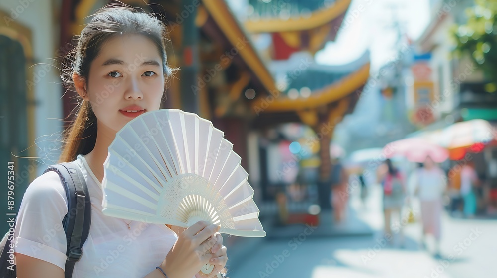 Portrait of Asian female traveler fanning and sweating on sidewalk of ...