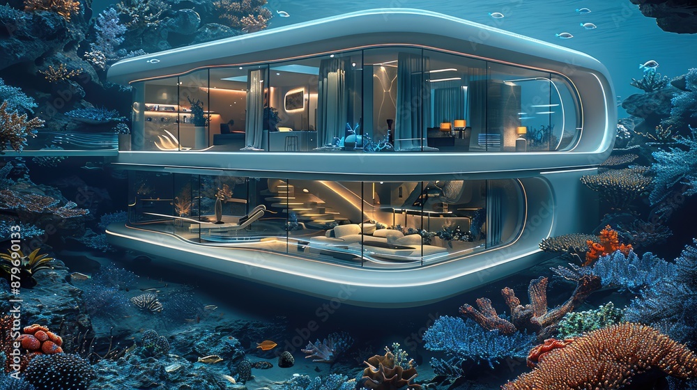 Underwater futuristic house with large glass windows, modern interior ...