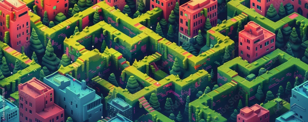 A pixel art rendition of a pixelated maze with winding paths and hidden ...