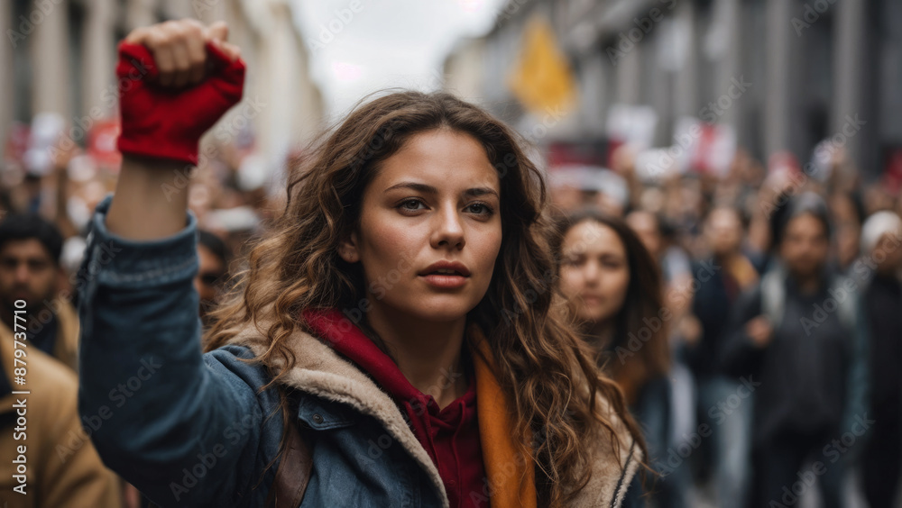 Woman activist raises fist in solidarity among crowd at rally ...