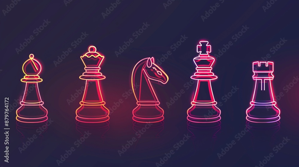 Glowing neon chess pieces are depicted with vibrant colored outlines on ...