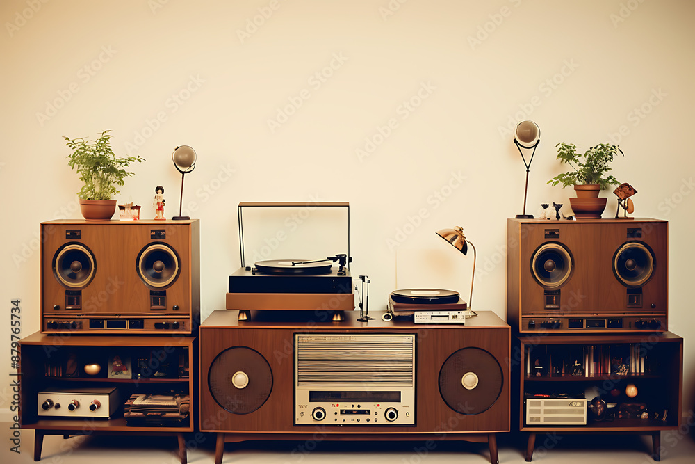 Mid-century modern home stereo system with turntable, speakers and ...