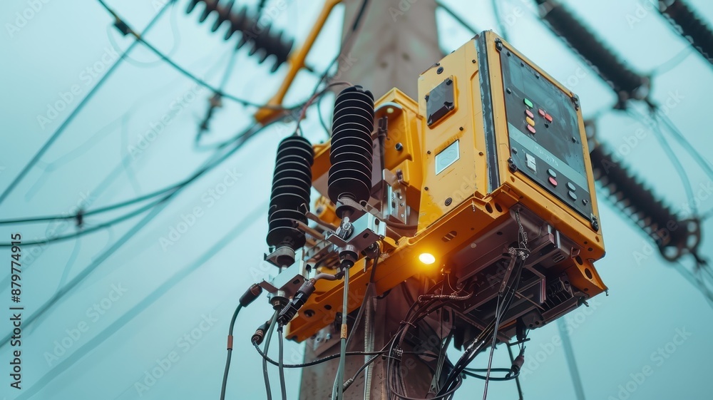 Electrical transformer on a utility pole with wires connected ...