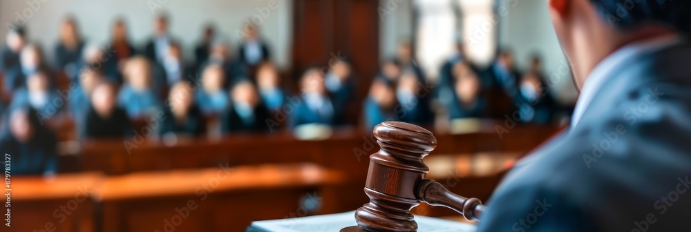 Judge presiding over courtroom with gavel in focus, blurred jury in ...
