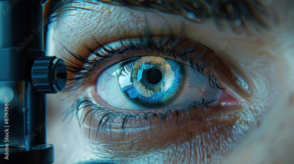 Realistic photograph of patient undergoing eye exam with automated ...