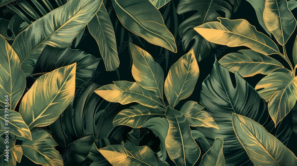 Lush green and gold tropical leaf background. Abstract tropical foliage ...