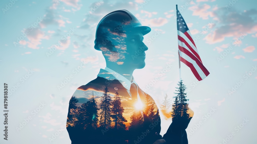 Attractive worker in uniform, holding tools and US flag, staring ahead ...