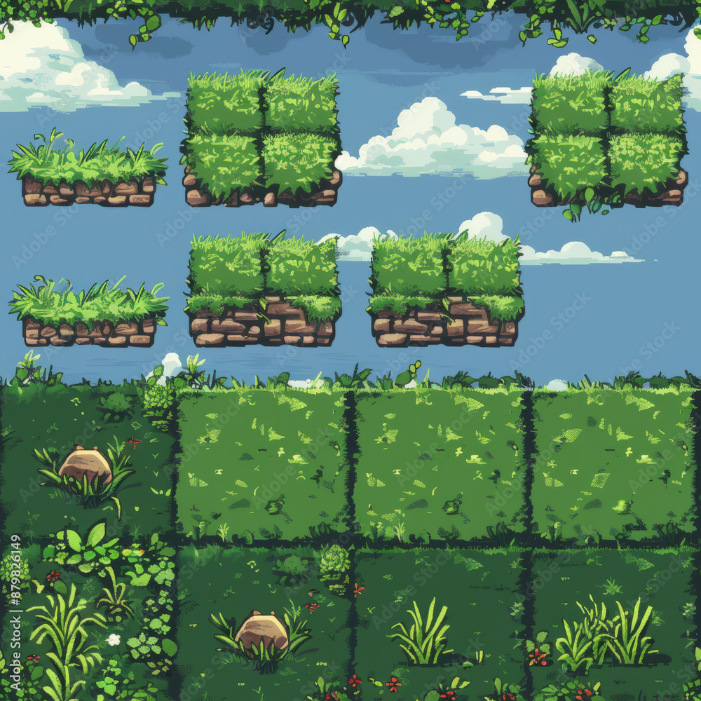 16-bit pixel art, grass tileset, sprite, sprite sheet.generative ai Stock Illustration | Adobe Stock